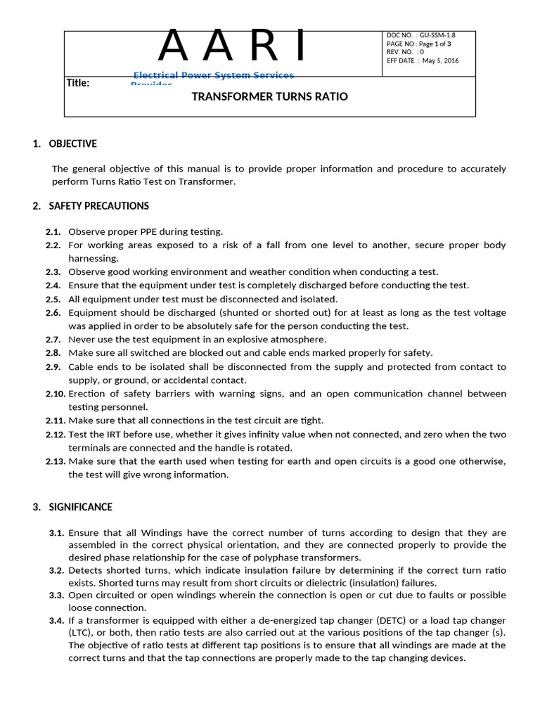 Transformer Turns Ratio Testing Guide | PDF | Transformer ...