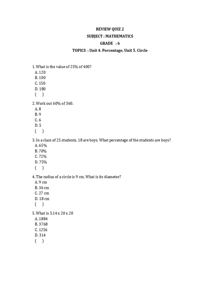 Review Quiz 2 Grade 6 | PDF | Area | Pi