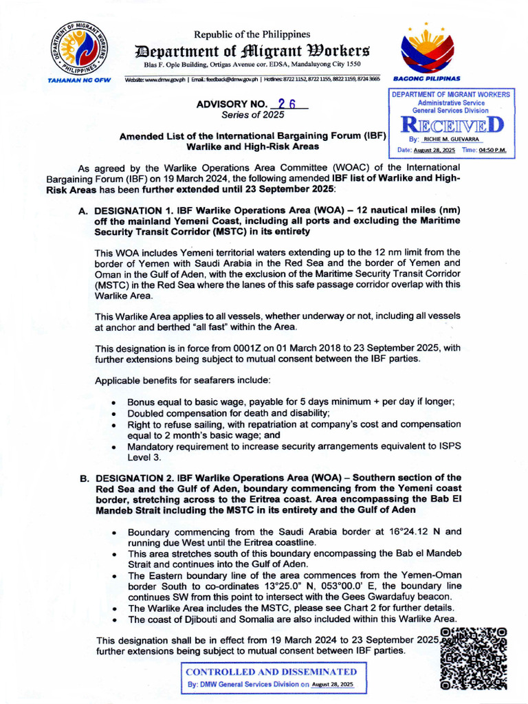 DMW-ADVISORY-26-2025 - Amended List of IBF Warlike and High-Risk Areas | PDF