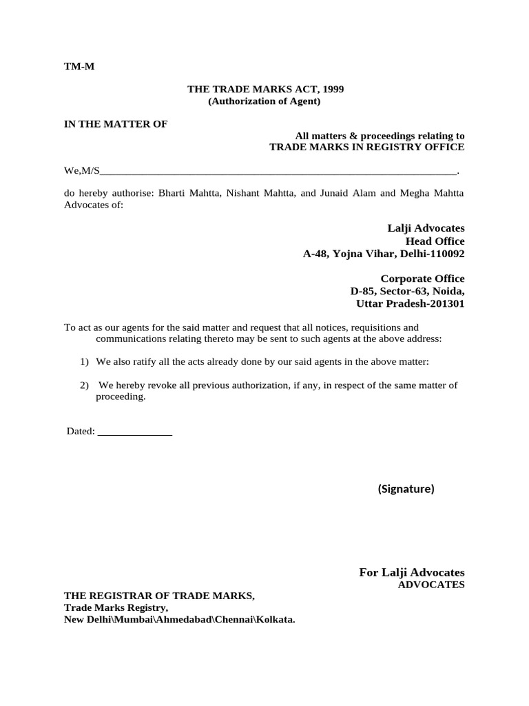 Trade Marks Act Agent Authorization | PDF