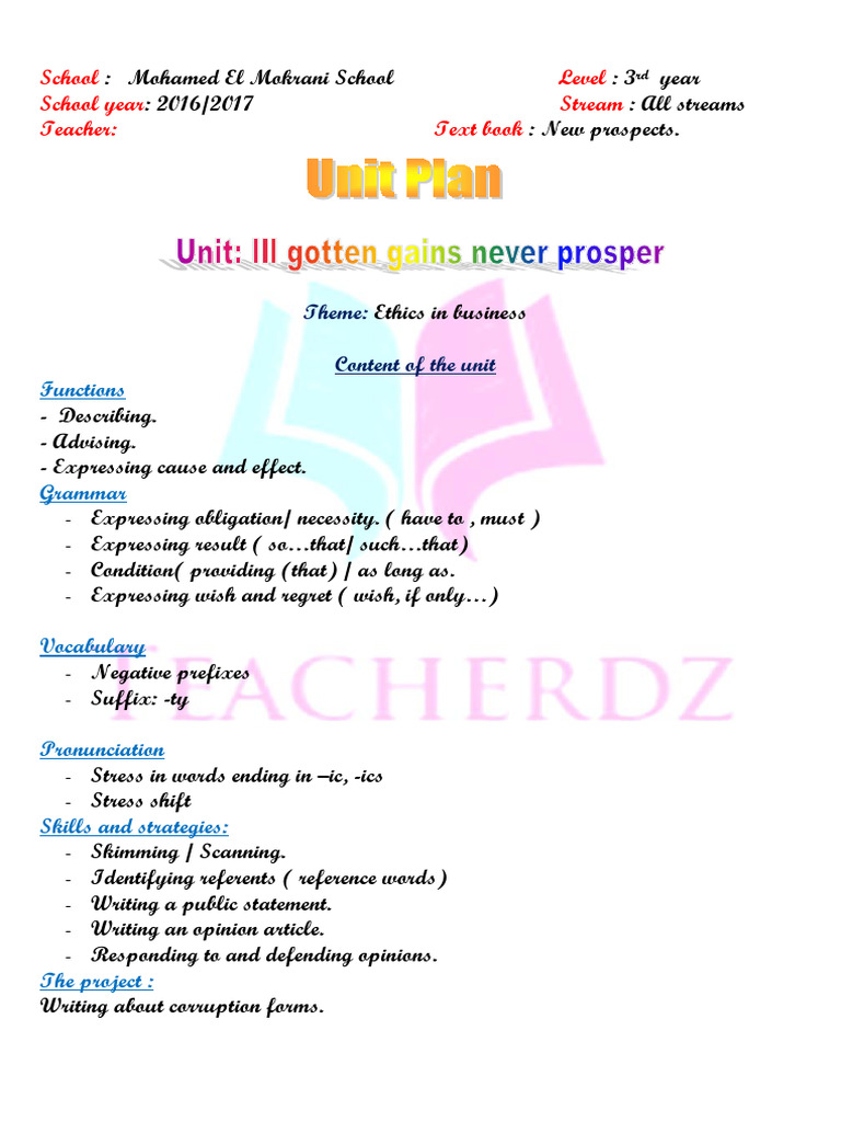 Ethics in Business Unit Plan | PDF