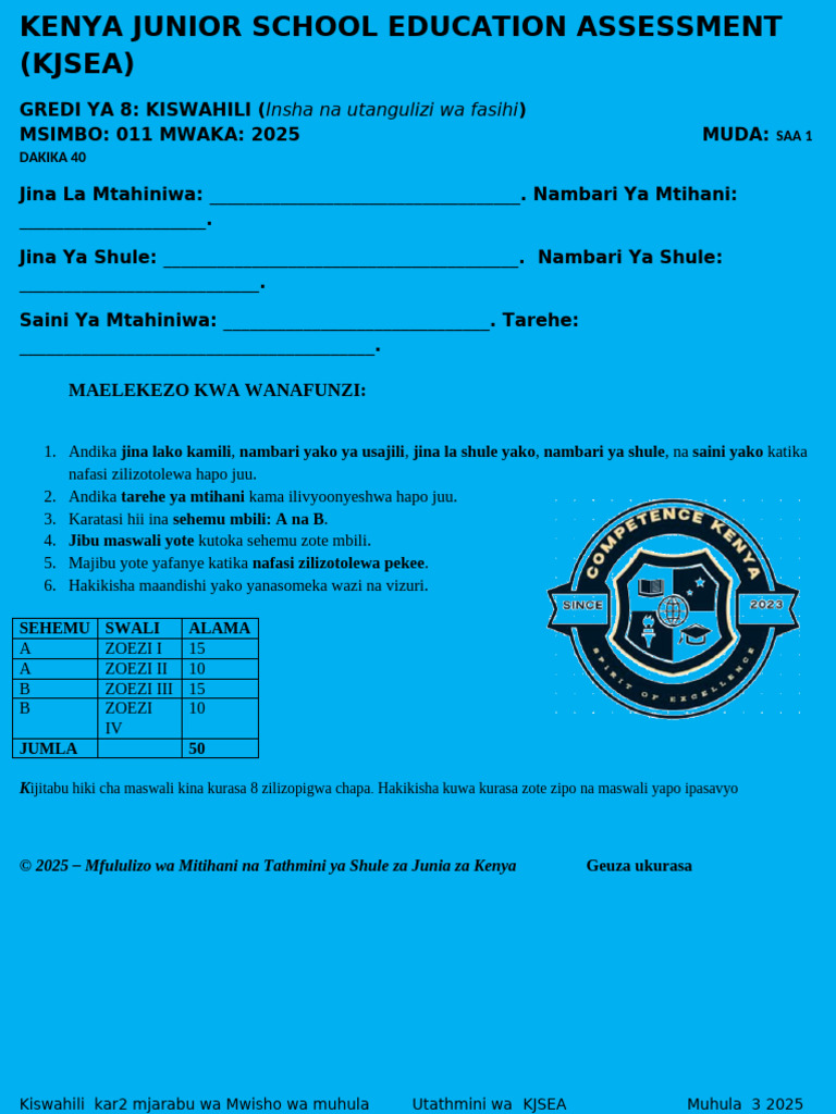 Grade 8 Kiswahili Pp2 | PDF