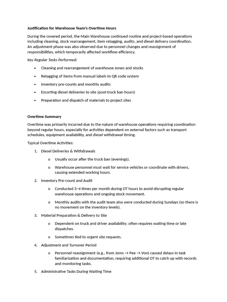 Justification For Warehouse Team | PDF | Warehouse | Inventory