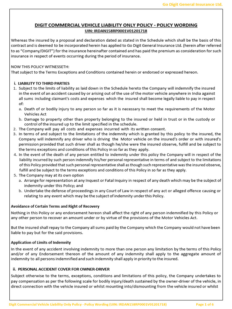 Digit Commercial Vehicle Liability Policy | PDF | Indemnity | Insurance