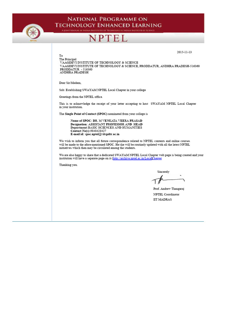 NPTEL Local Chapter Setup Confirmation | PDF