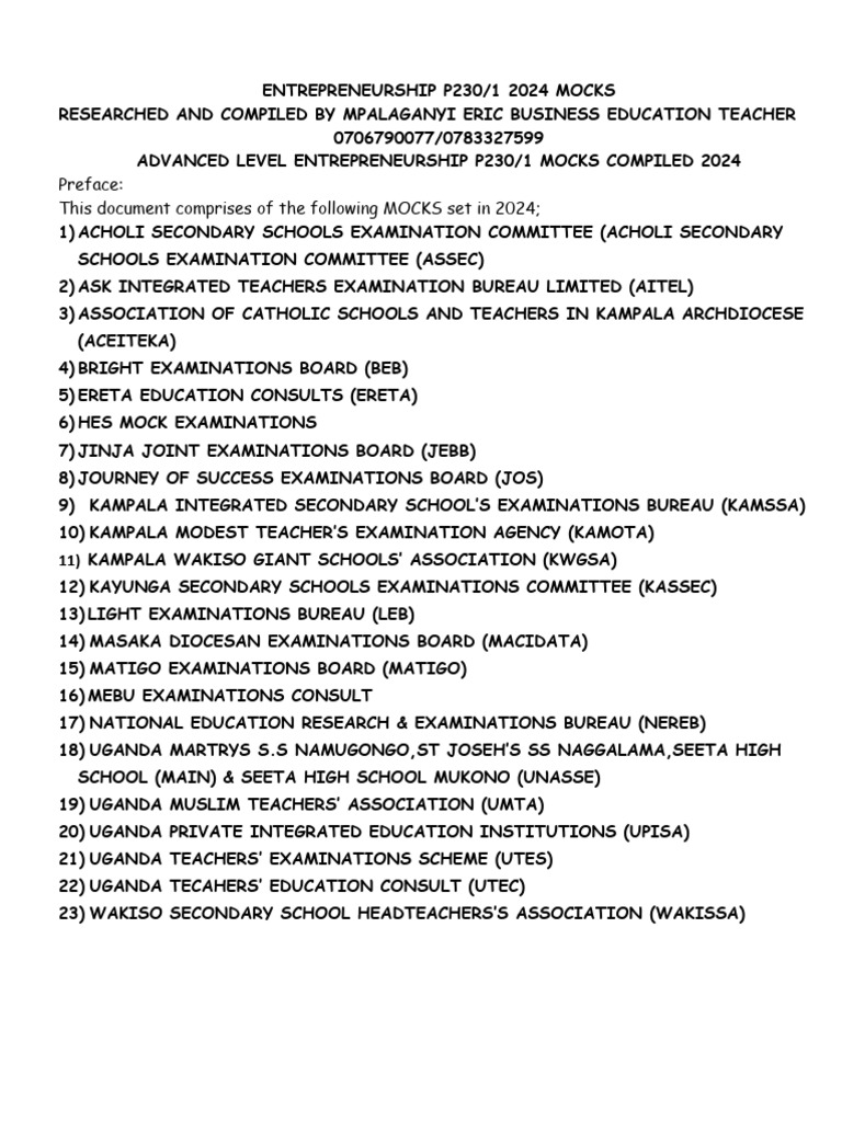A Level Entrepreneurship Paper 1 p230 1 Mocks 2024 Compiled Opange ...