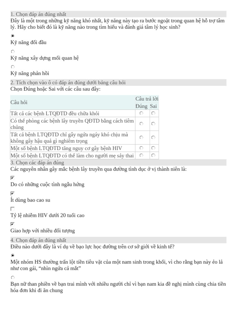 Đáp Án Bồi Dưỡng Về Tư Vấn Tâm Lý Cho Học Sinh Thcs | PDF