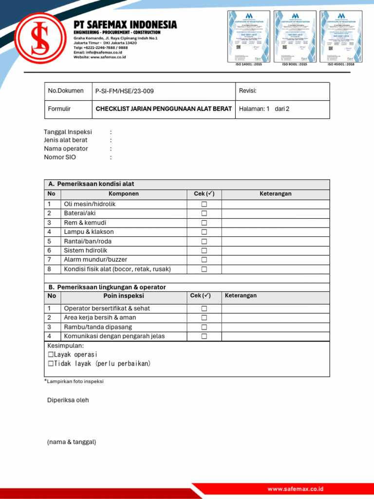 Checklist Inspeksi Alat Berat 2023 | PDF