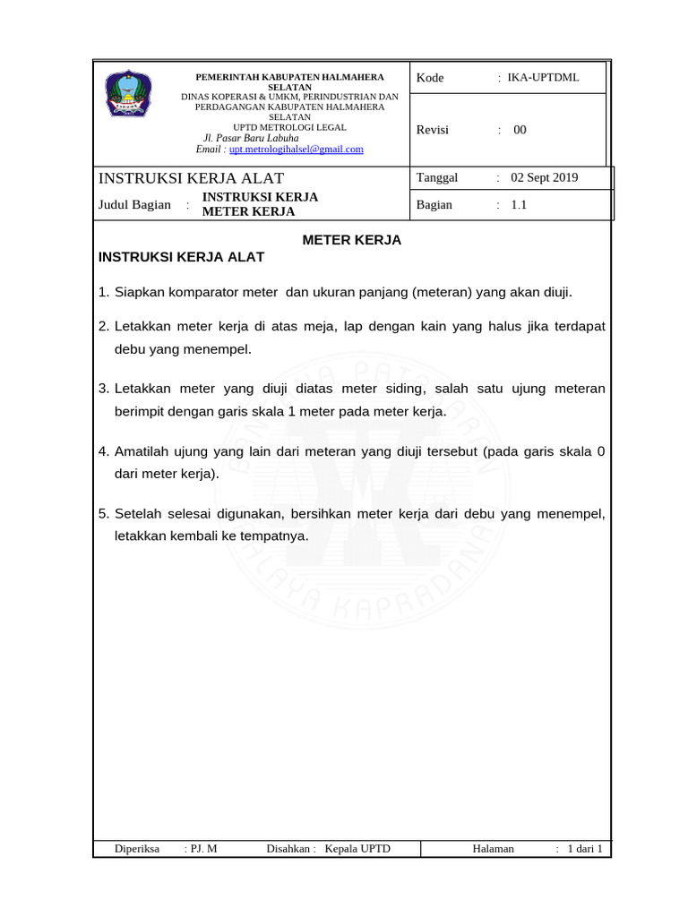 Instruksi Kerja Meter Kerja UPTD Halsel | PDF