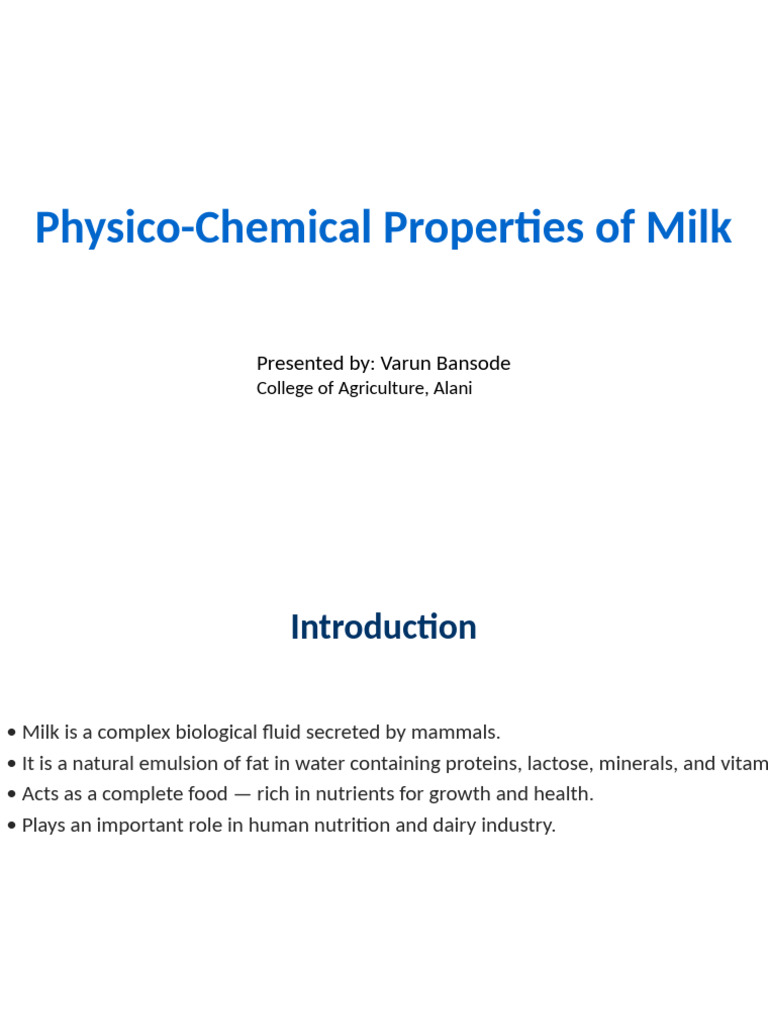 Physico Chemical Properties of Milk Long Modern VarunBansode | PDF ...