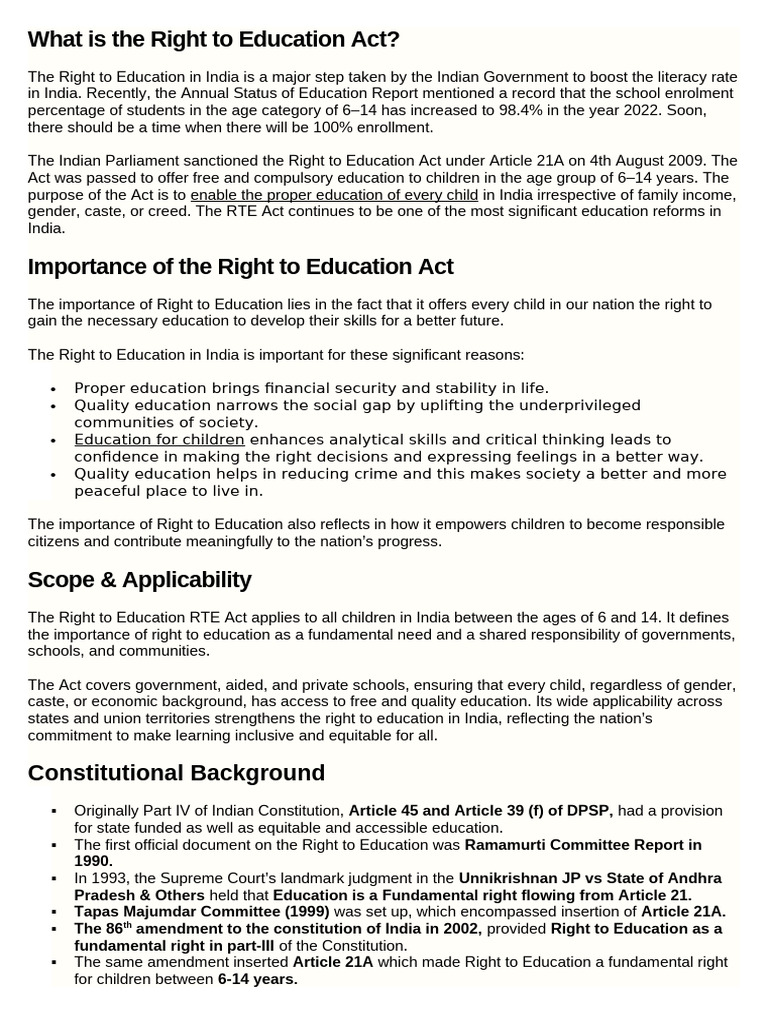 Understanding India's Right to Education Act | PDF | Government | Justice