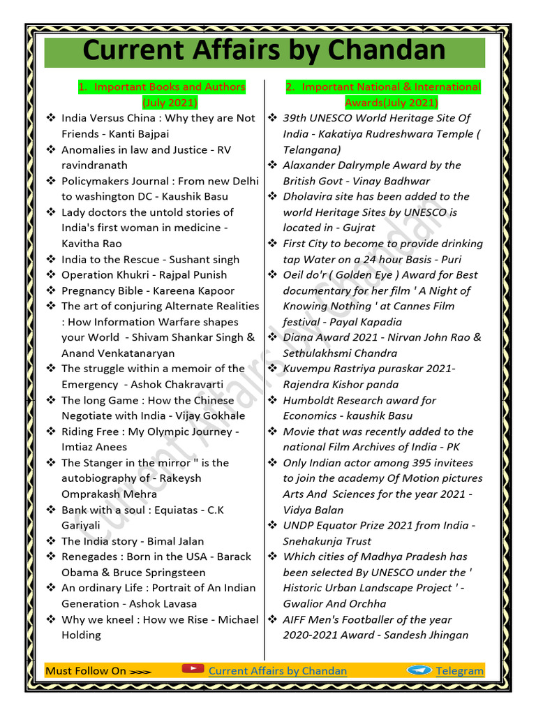 July 2021 Current Affairs | PDF
