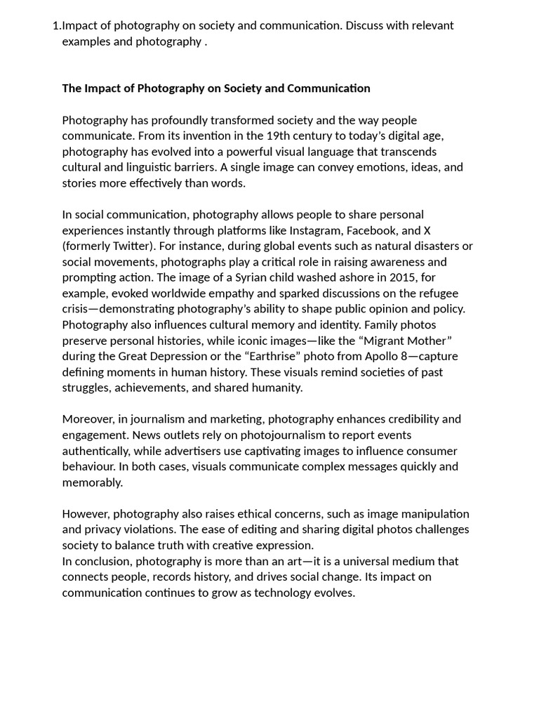 Impact of Photography On Society and Communication | PDF | Camera | Imaging