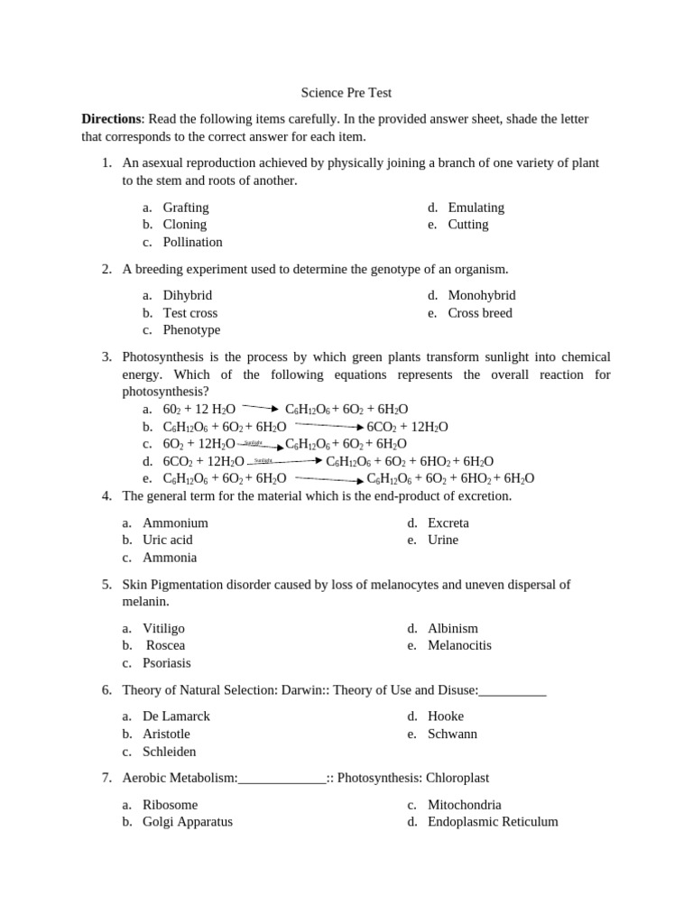 Science Pre Test | PDF | Moon | Atoms