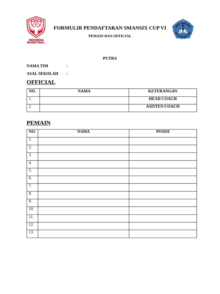 Formulir Pendaftaran Smansix Cup Vi | PDF