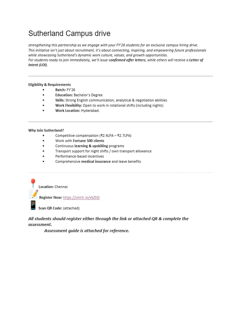 Sutherland Campus Drive for FY'26 Students | PDF