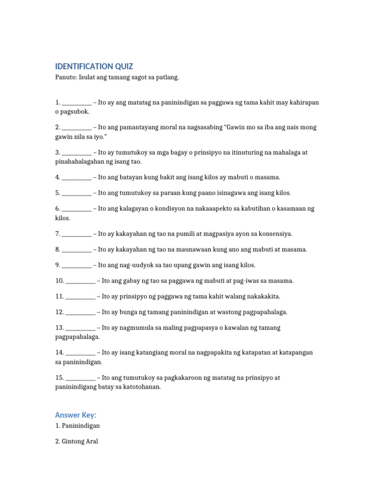 Identification Quiz Paninindigan Gintong Aral Pagpapahalaga | PDF