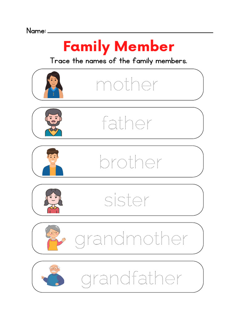 Family Member Tracing Worksheet in Colorful Illustrative Style | PDF