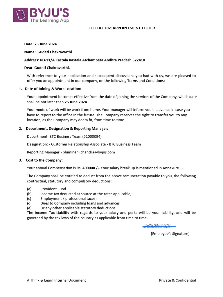 BYJUS Offer Cum Appointment Letter & NDA - Gudeti Chakravarthi - 25 ...