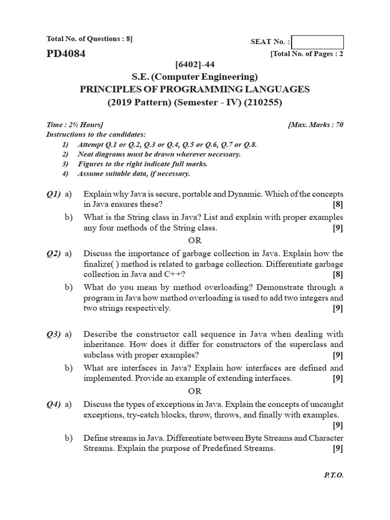 Se Computer PPL 2024-25 Endsem4 Batch 2019pattern | PDF | Inheritance (Object Oriented ...