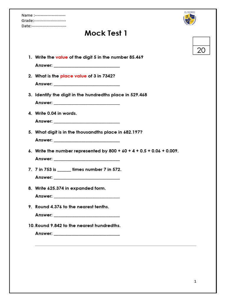 Math Mock Test: Place Value & Operations | PDF