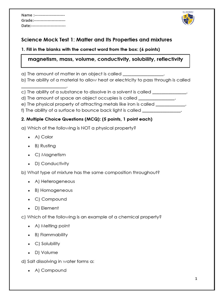 Science Mock Test 1 October | PDF | Mixture | Chemical Substances
