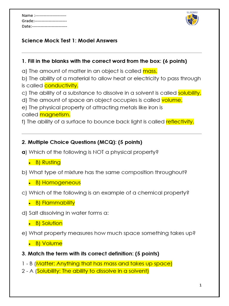 Science Mock Test 1 October Model Answer | PDF