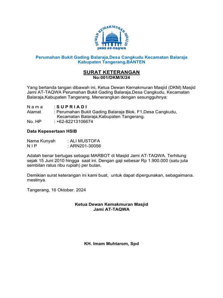 Surat Keterangan Marbot Masjid AT-TAQWA | PDF