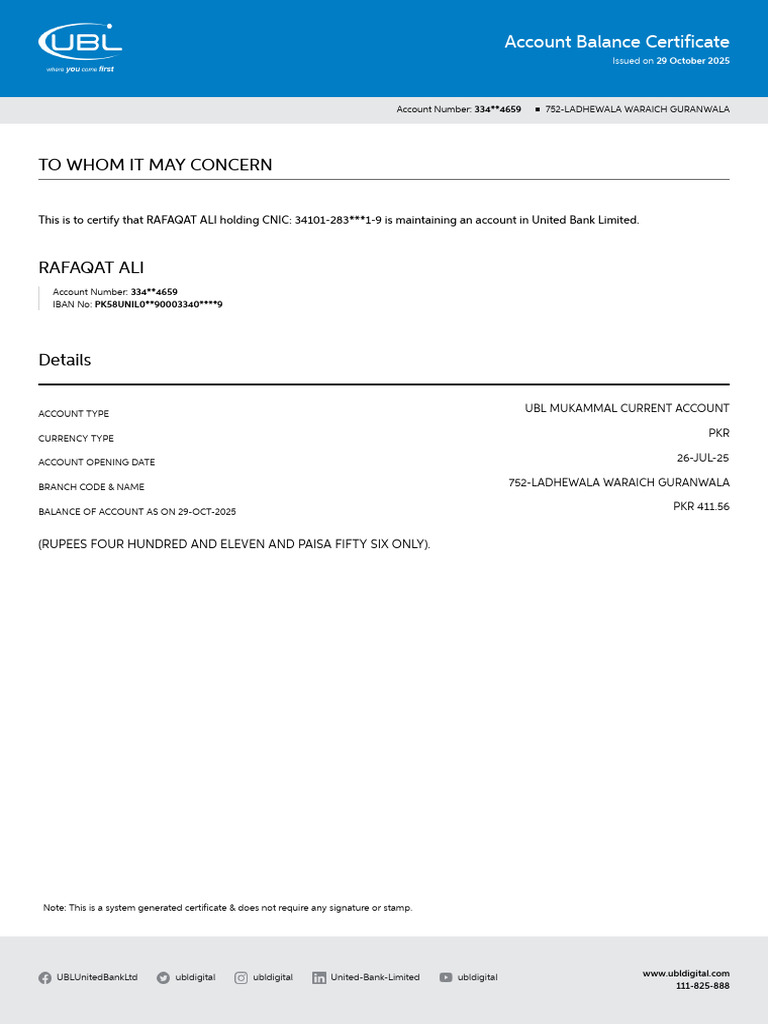 Account Balance Certificate - Rafaqat Ali | PDF