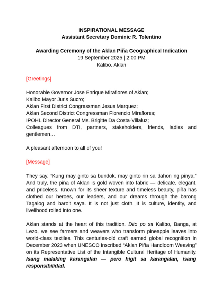 ADRT Inspirational Message - Aklan Piña GI | PDF | Weaving | Philippines