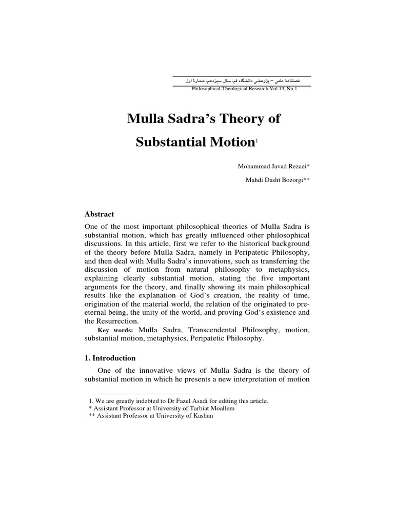 Mulla Sadra's Substantial Motion Theory | PDF | Existence | Substance ...