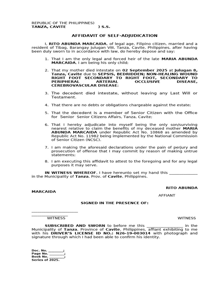 Affidavit of Self-Adjudication in Cavite | PDF | Affidavit | Civil Law ...