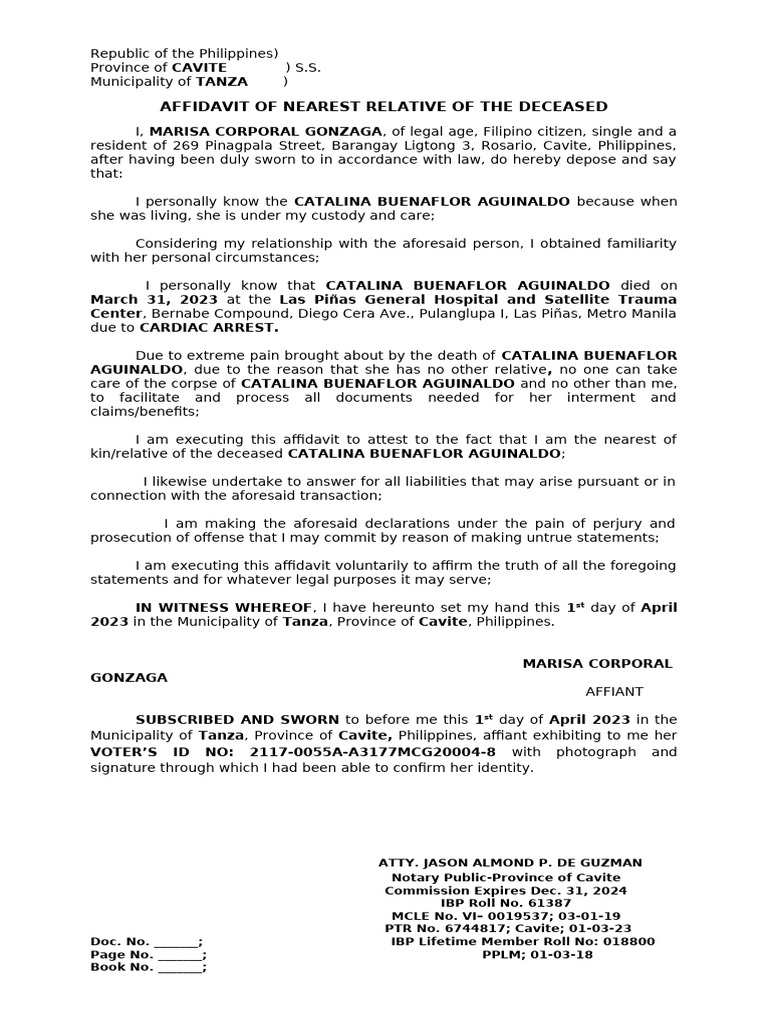 Affidavit of Nearest Kin - Fact of Death | PDF | Affidavit | Legal ...