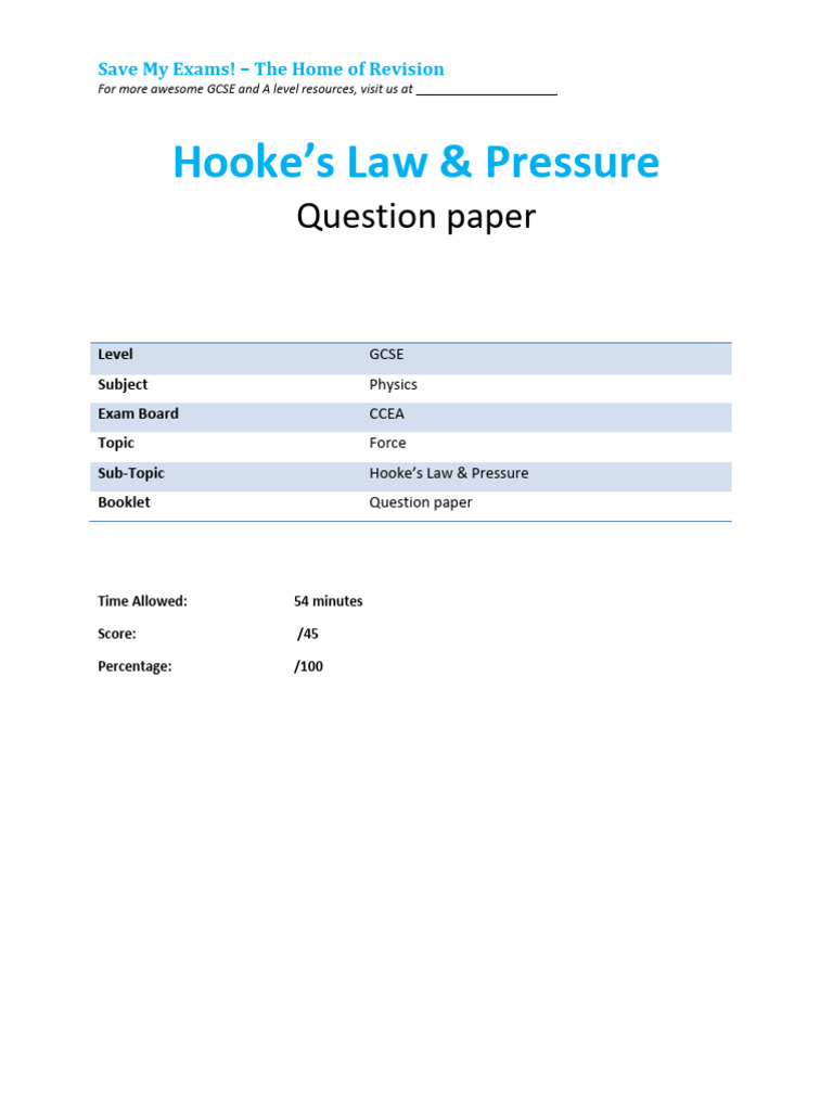 4-Hookes Law Pressure - Ccea-Gcse-Physics - QP | PDF | Force | Momentum