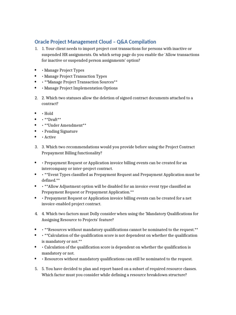 Oracle Project Management Cloud Q&A Guide | PDF
