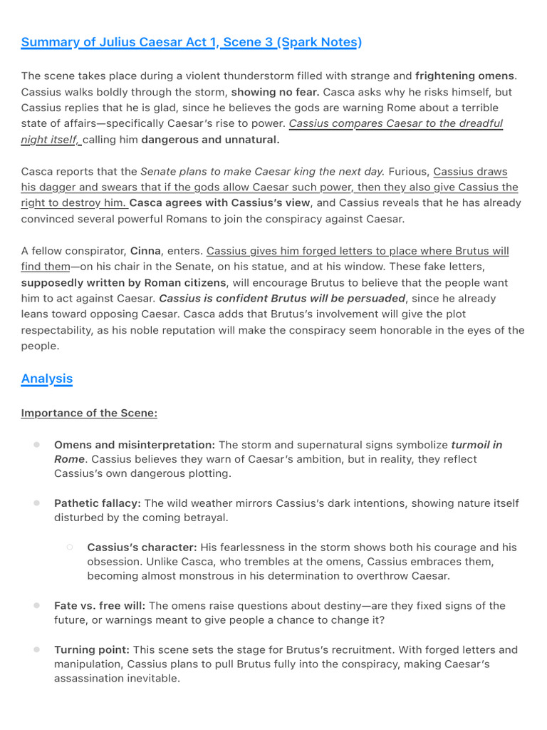 Summary of Julius Caesar Act 1, Scene 3 (Spark Notes) | PDF