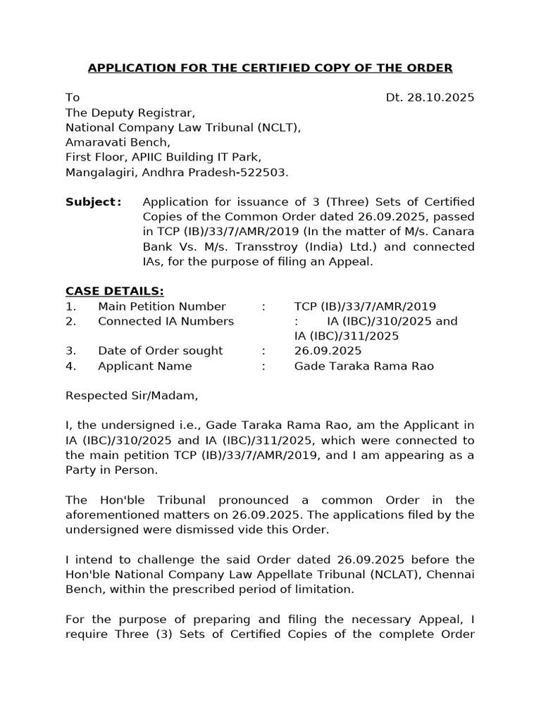 Application for Certified Copies NCLT Order | PDF | Justice | Crime ...