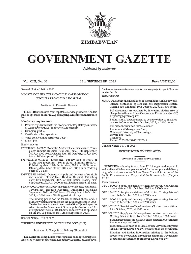 Zimbabwe Tenders and Bidding Notices 2025 | PDF | Procurement