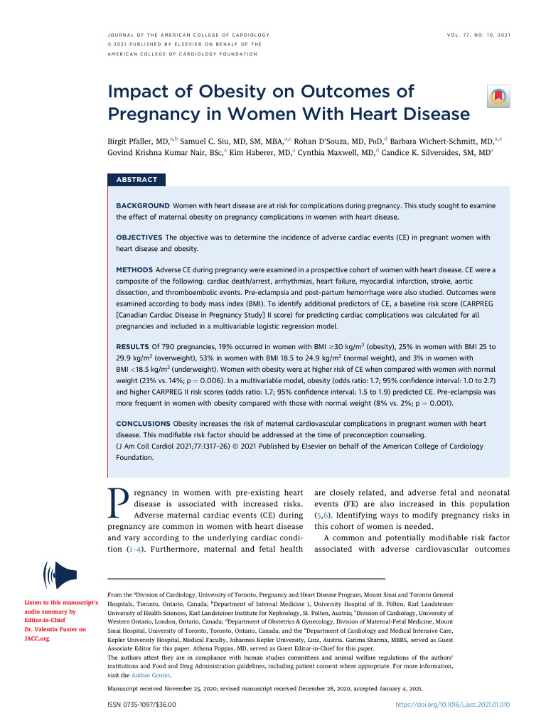 Impact of Obesity On Outcomes of Pregnancy in Women With Heart Disease ...