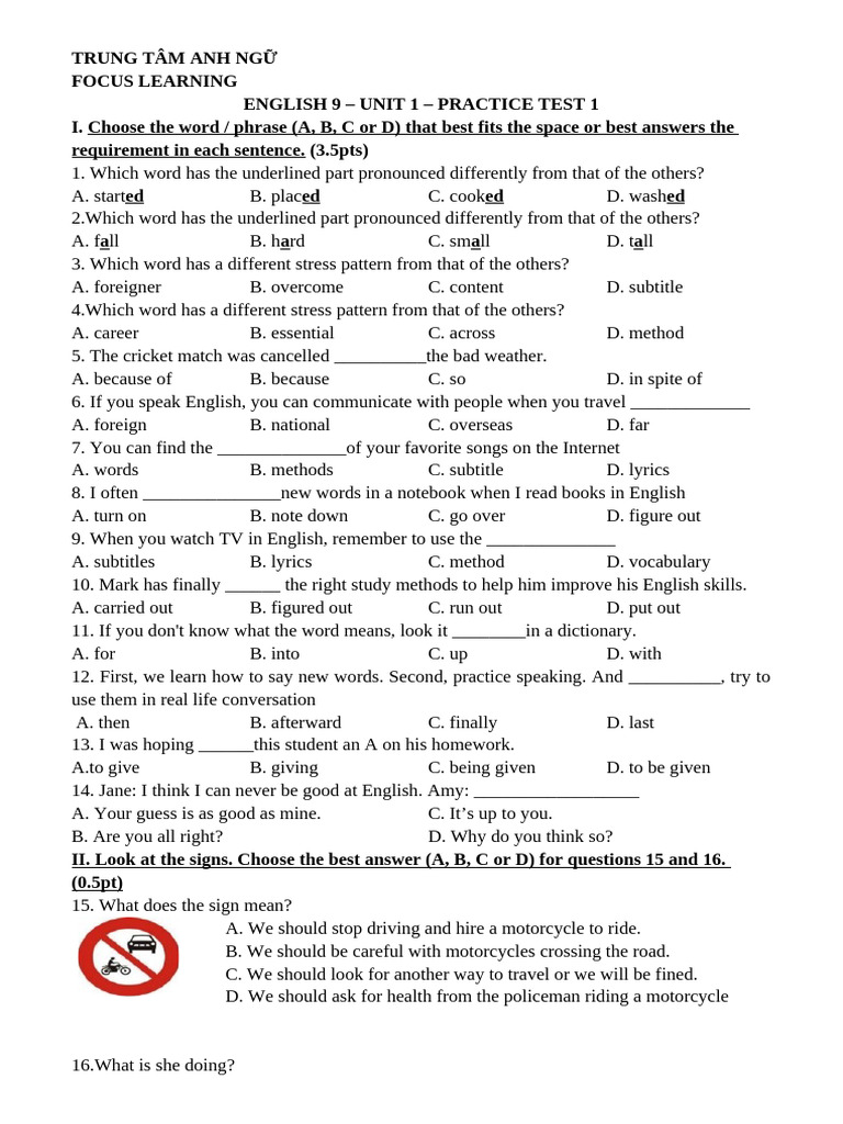 Practice Test 1 - Unit 1 | PDF | English Language | Vocabulary