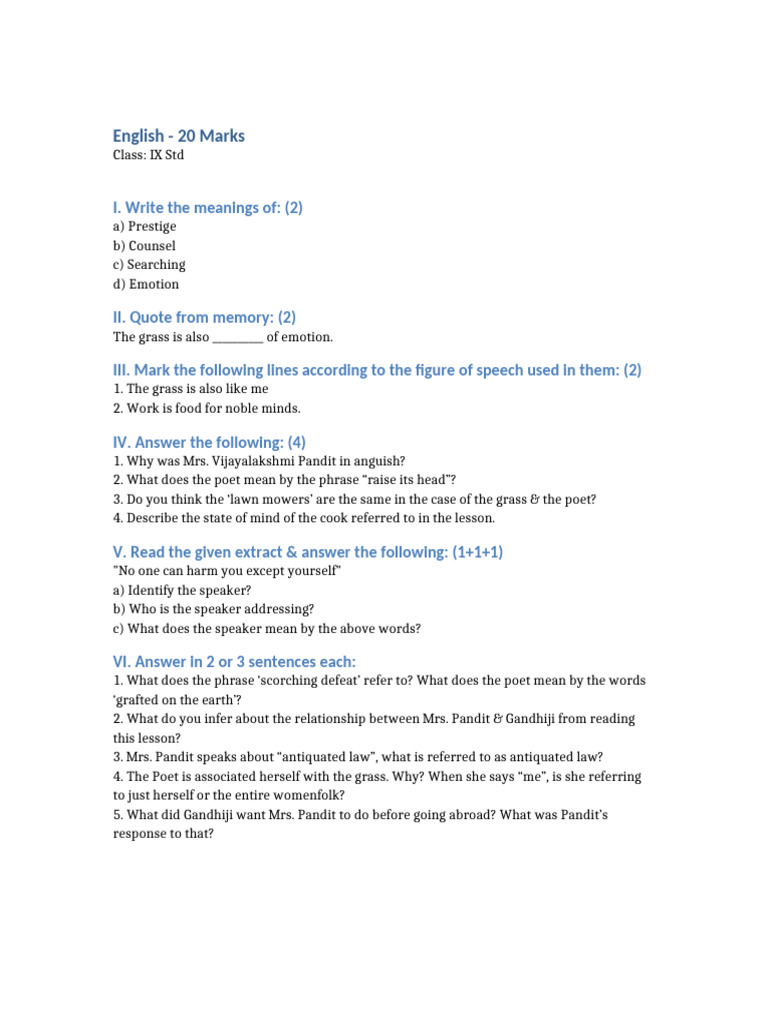 Class IX English Exam Questions Guide | PDF