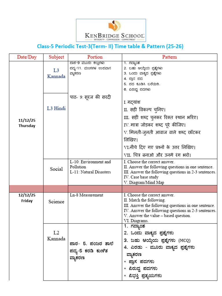 Class 5 Periodic Test-3Time Table (25-26) 1-1 | PDF