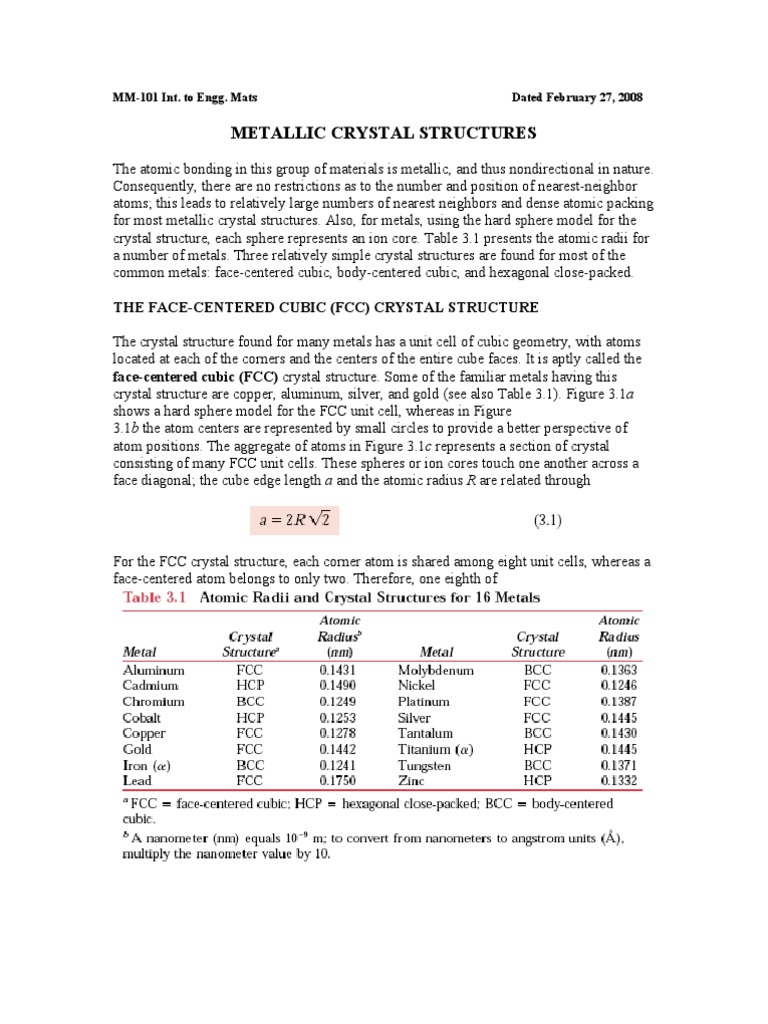 Metallic Crystal Structures | PDF | Crystal Structure | Metals