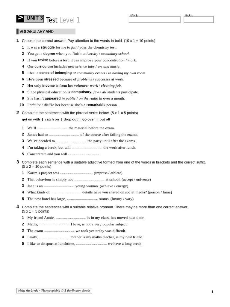Level 1 Vocabulary and Grammar Test | PDF | Linguistics | Grammar