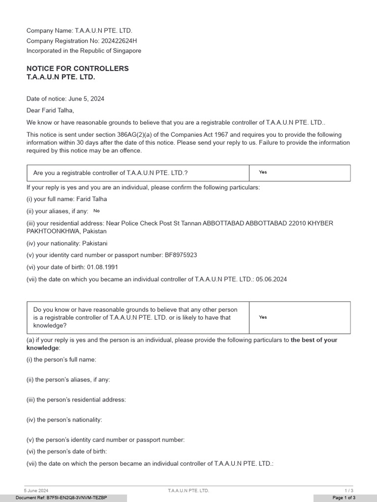Notice for Controllers of T.A.A.U.N PTE. LTD. | PDF | Signature ...