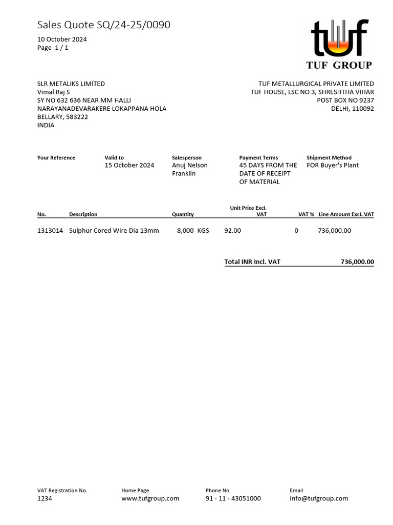 Sales Quote SQ/24-25/0090: Your Reference Valid To Salesperson Payment ...