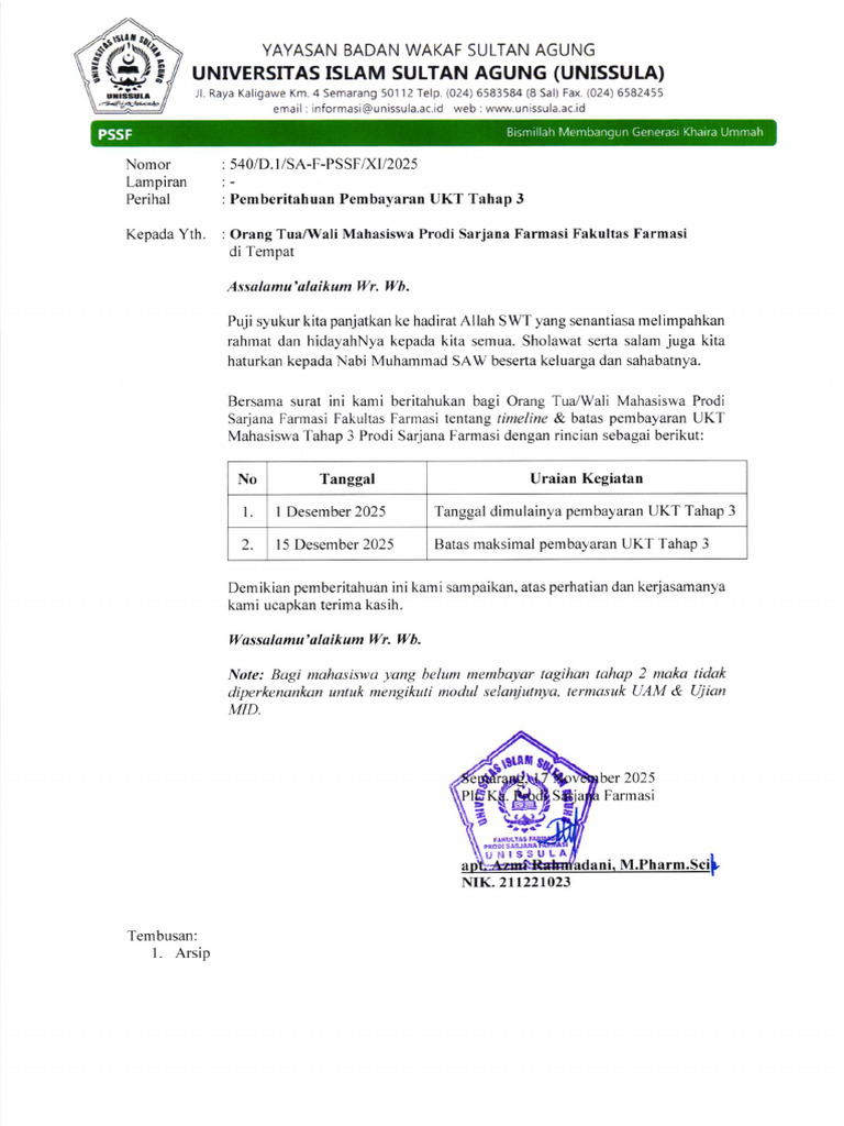 Pembayaran UKT Tahap 3 Farmasi UNISSULA | PDF