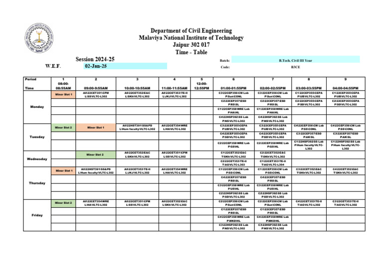 Civil Engineering B.Tech Timetable 2024-25 | PDF
