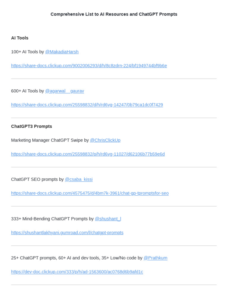 Comprehensive List To Ai Resources and Chatgpt Prompts GT2r5aOx | PDF