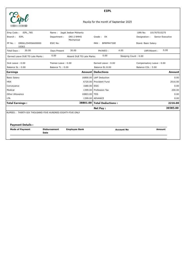 EIPL September 2025 Payslip Summary | PDF | Payments | Taxes